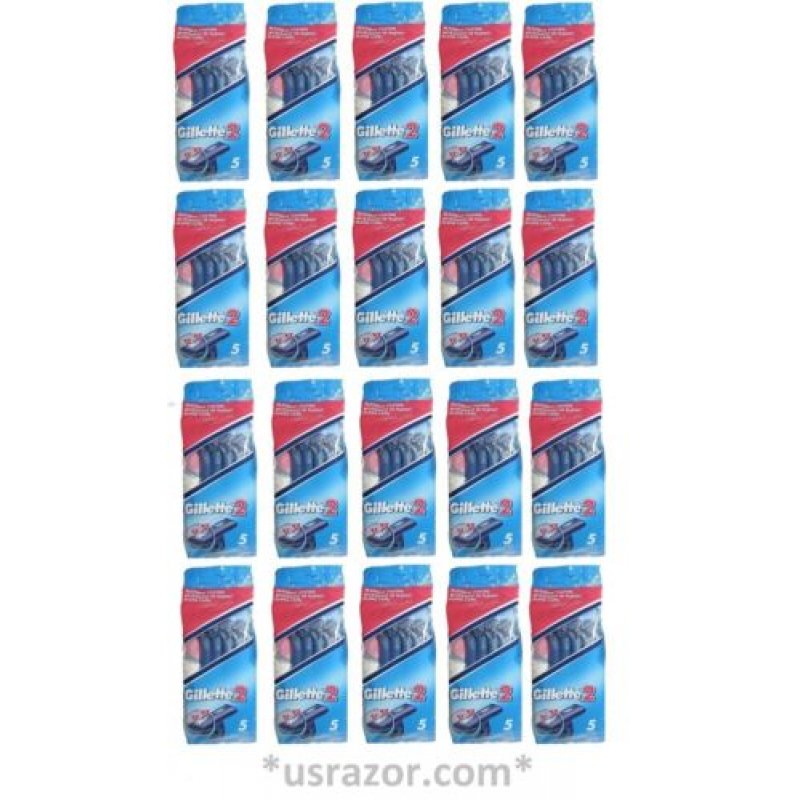 100 GILLETTE 2 DISPOSABLE RAZORS TWIN BLADES SHAVERS FIXED LONG HANDLE ...