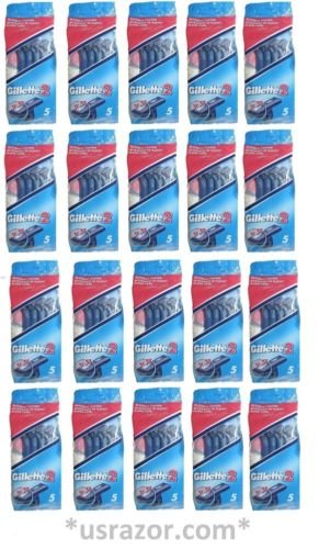 100 GILLETTE 2 DISPOSABLE RAZORS TWIN BLADES SHAVERS FIXED LONG HANDLE ...